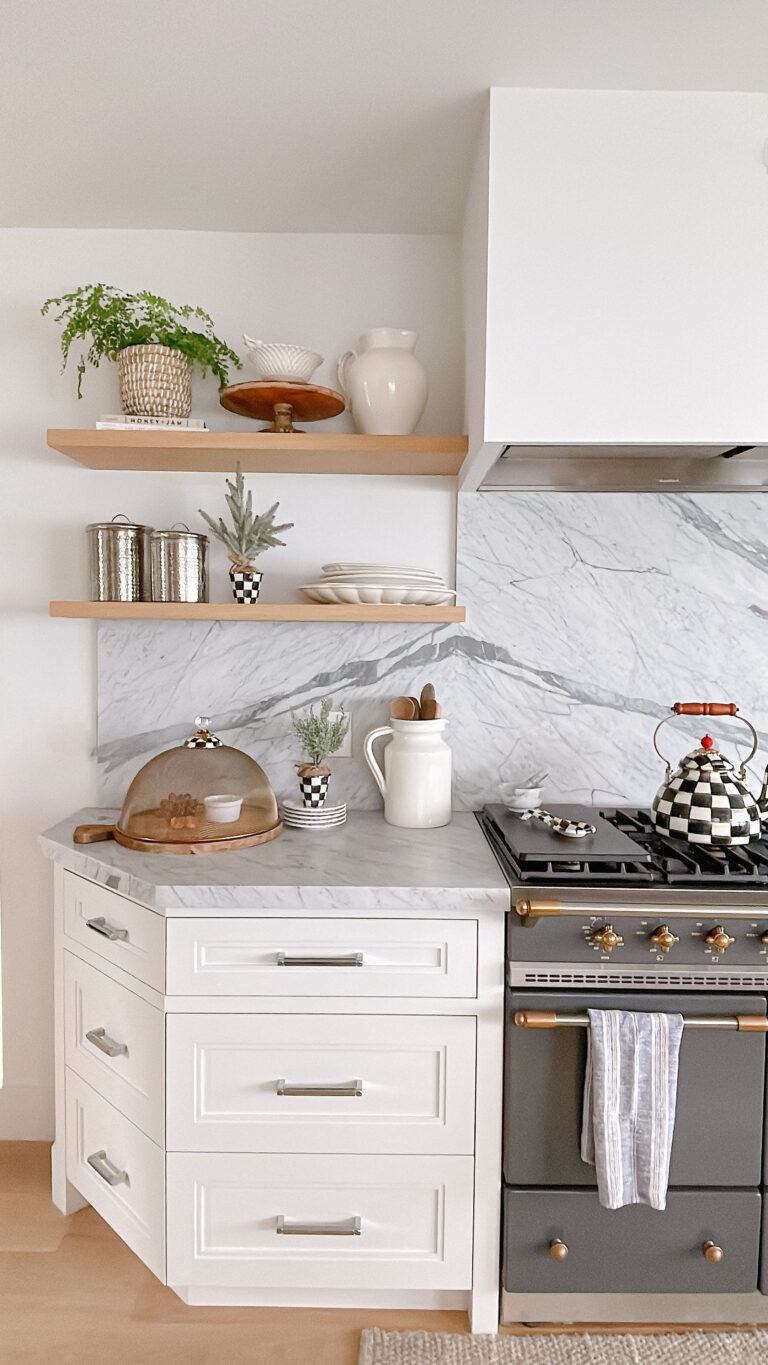 The Easiest Way To Style Open Kitchen Shelves - Sanctuary Home Decor